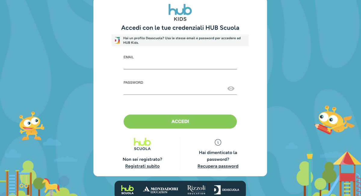 La schermata principale di HUB Kids: come eseguire l'accesso e ...